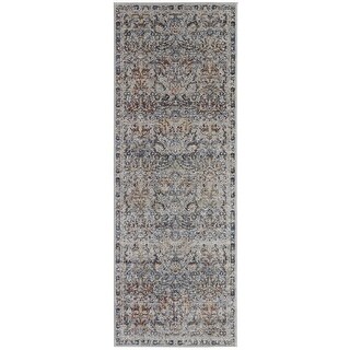 8' Tan Blue And Orange Floral Power Loom Distressed Runner Rug With ...