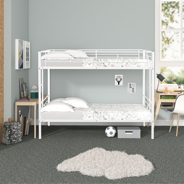 Twin over Twin Metal Bunk Bed, with Stairs and Safety Barriers ...