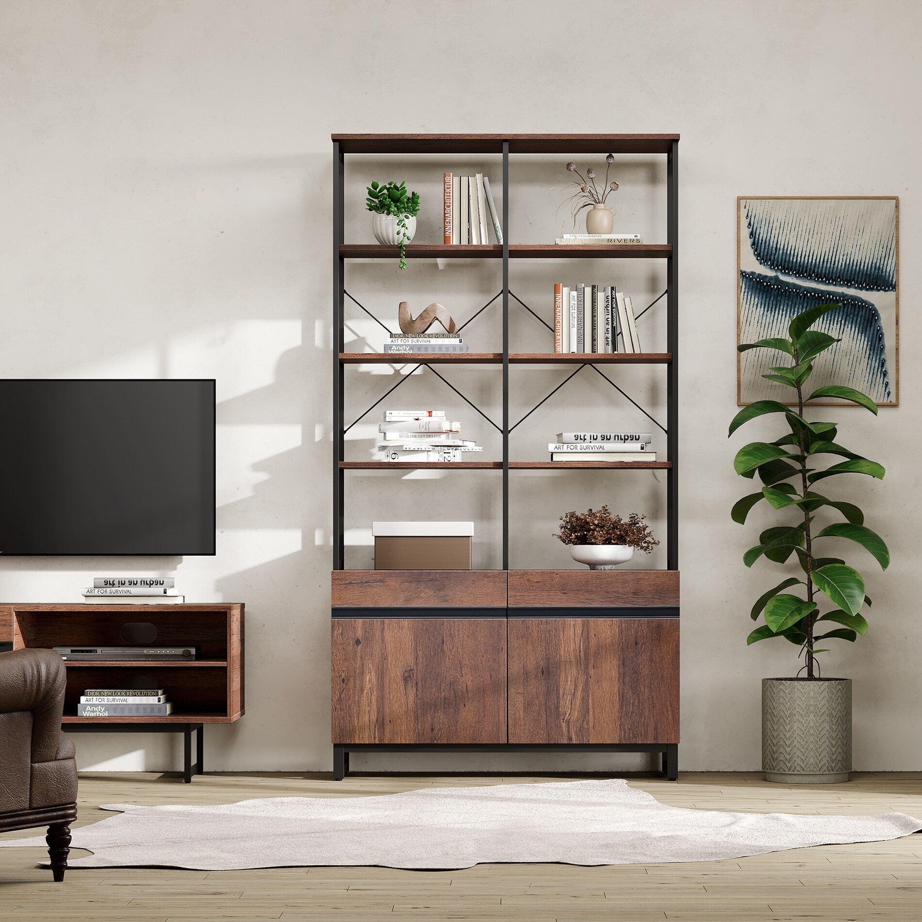 WAMPAT 5 Tier Retro Bookcase Door Storage Bookshelf for Home Office Bed Bath Beyond 33090631