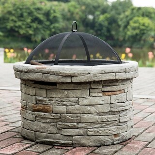 20''H Outdoor Stone Fire Pit with Iron Spark Screen&Rack&Fire Poker for ...
