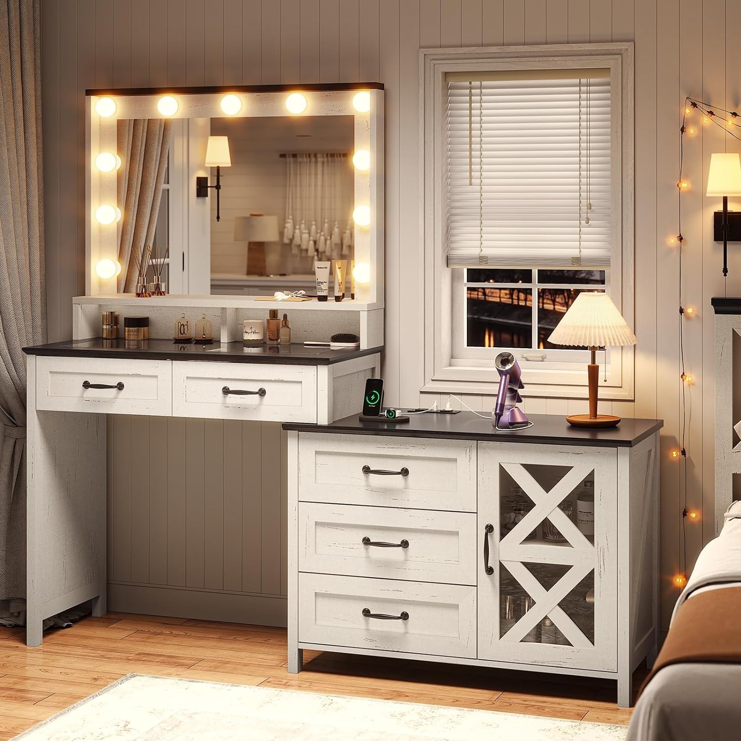 Farmhouse Vanity Desk with Lights Power Strip Drawers Cabinets On Sale Bed Bath Beyond 40162572