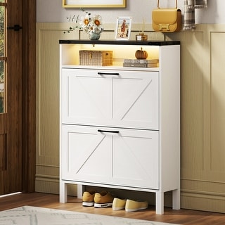 LED Shoe Cabinet Freestanding Shoe Rack Storage Cabinet with 2 Flip ...