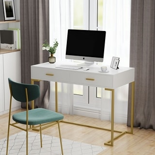 40 Inches Computer Desk White and Gold Desk with 2 Drawers - Bed Bath ...