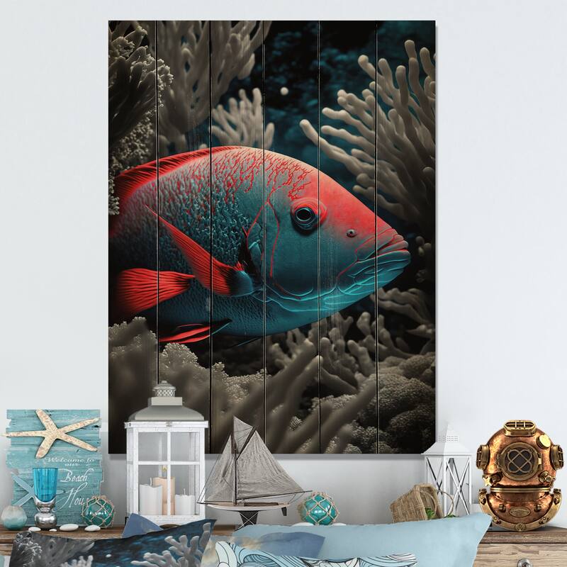 Designart 'Mysterious Tropical Fish In Blue And Red V' Animal Fish Wood ...