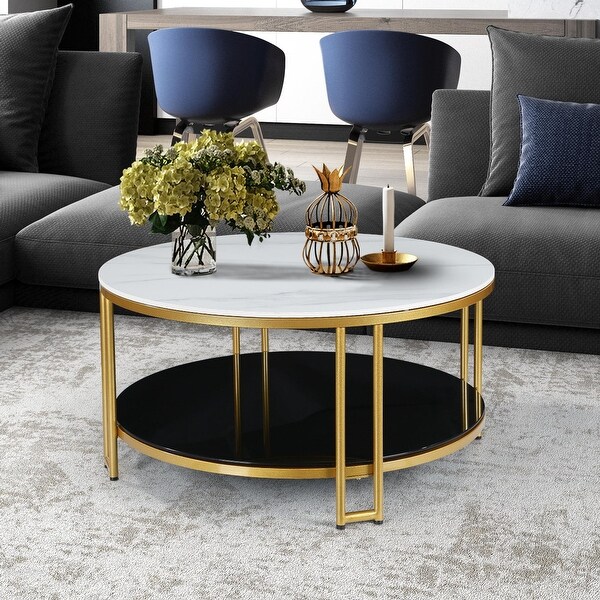 Nesia Modern Accent White Marble Gold Coffee Table Round Sofa Cocktail Double Layer Storage Table Brass Legs 36 D x 17.5 H Bed Bath Beyond 36719994