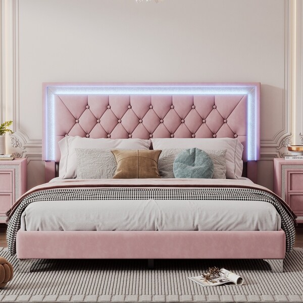 Pink Modern Queen Velvet Bed Frame with LED Light Tufted Headboard