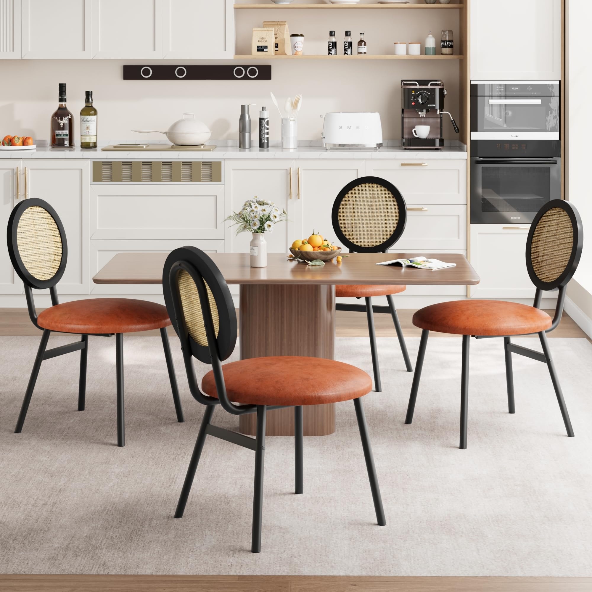 Boho Dining Chairs Set with Thicken Upholstered Natural Rattan Back On Sale Bed Bath Beyond 40220539