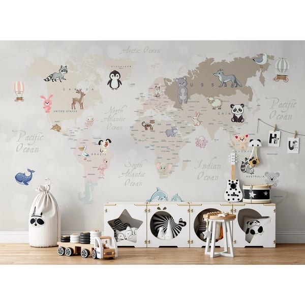 Kids World Map Baby Land and Sea Creatures Animals Oceans Wallpaper ...