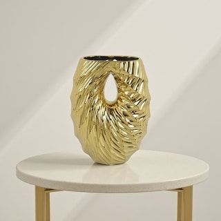 Decorative Vase, 16 Inch U Shape Ceramic Body, Gold Geometric Pattern ...