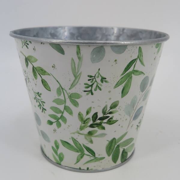 White With Green Leaves Bucket Shaped Metal Planter - Bed Bath & Beyond ...