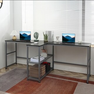 Two Person Computer Desk with 2 Storage Shelves, Double Desk ...
