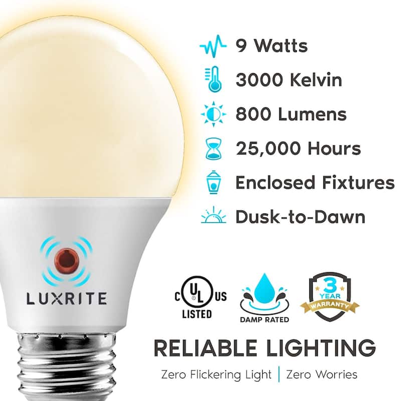 Luxrite A19 LED Dusk to Dawn Light Bulbs Lighting Enclosed Fixture ...