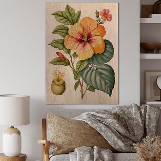 Designart 'Blossiming Yellow Retro Hibiscus II' Floral Hibiscus Wood ...