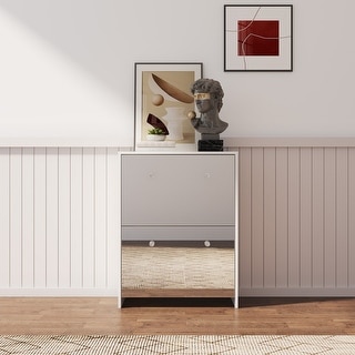 Modern Floor Shoe Storage Cabinet with 2 Mirror Flip Drawers and ...
