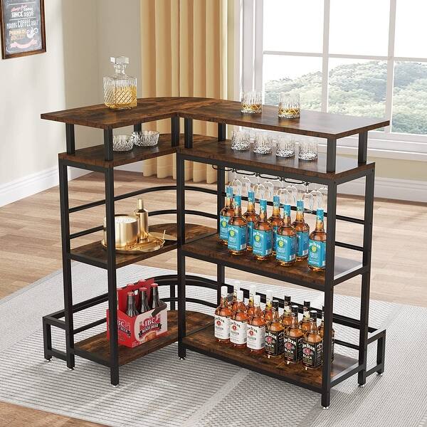 L-Shaped Liquor Bar Table with Glass Holders and Shelves with Footrest ...