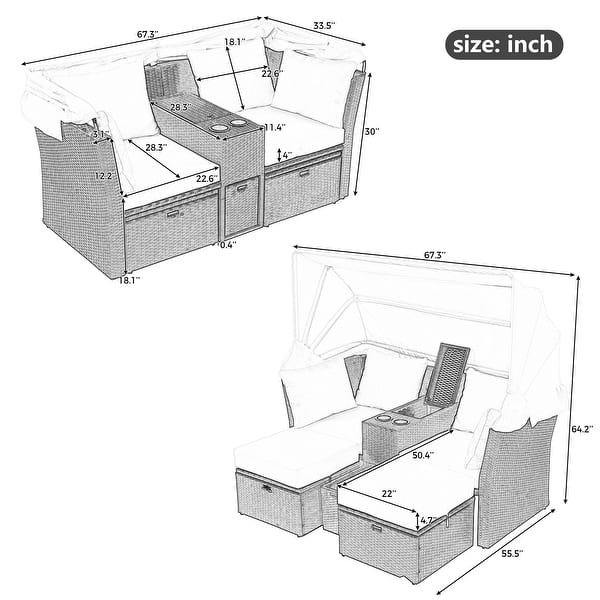 5-piece Outdoor Patio Daybed Terrace, Pool Side Sunbed with Folding ...