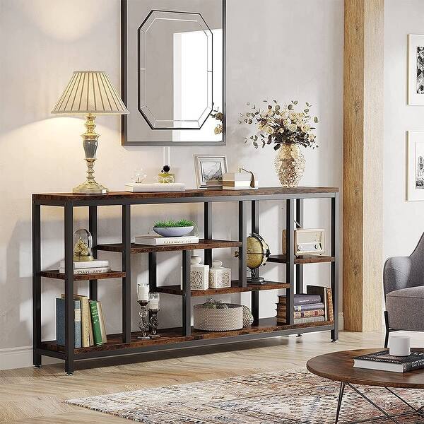 Long Narrow Entryway Console Table Behind Couch Sofa Storage Shelves ...