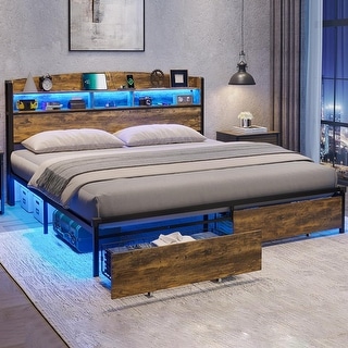 Bed Frame LED Light Headboard Platform Bed USB-C/A Charging Station ...