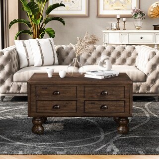 40-Inch Antique Coffee Table with 4 Drawers and Rivet Decoration Legs Solid Wood Rectangle Sofa ...