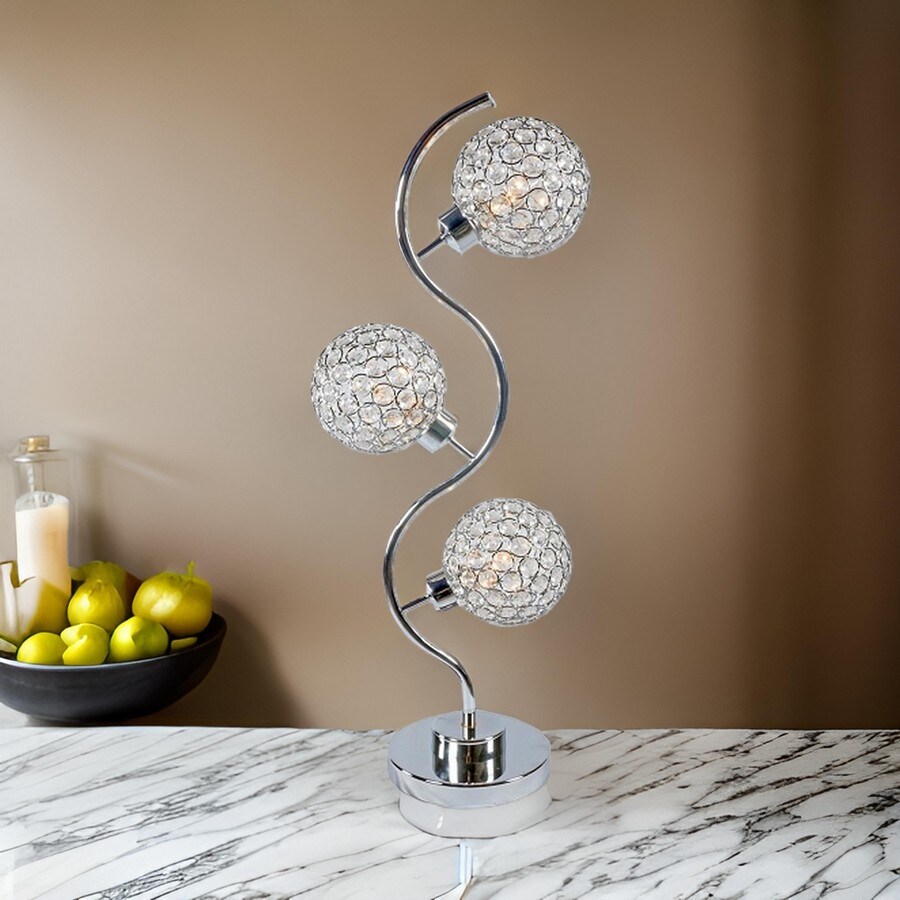 Denise 32 Inch Table Lamp Metal Frame Round Base Glass Crystals Silver