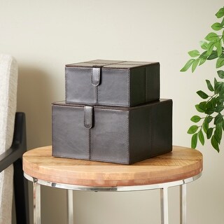 Dark Brown Leather Storage Box with Snap Front Closure and Detailed ...