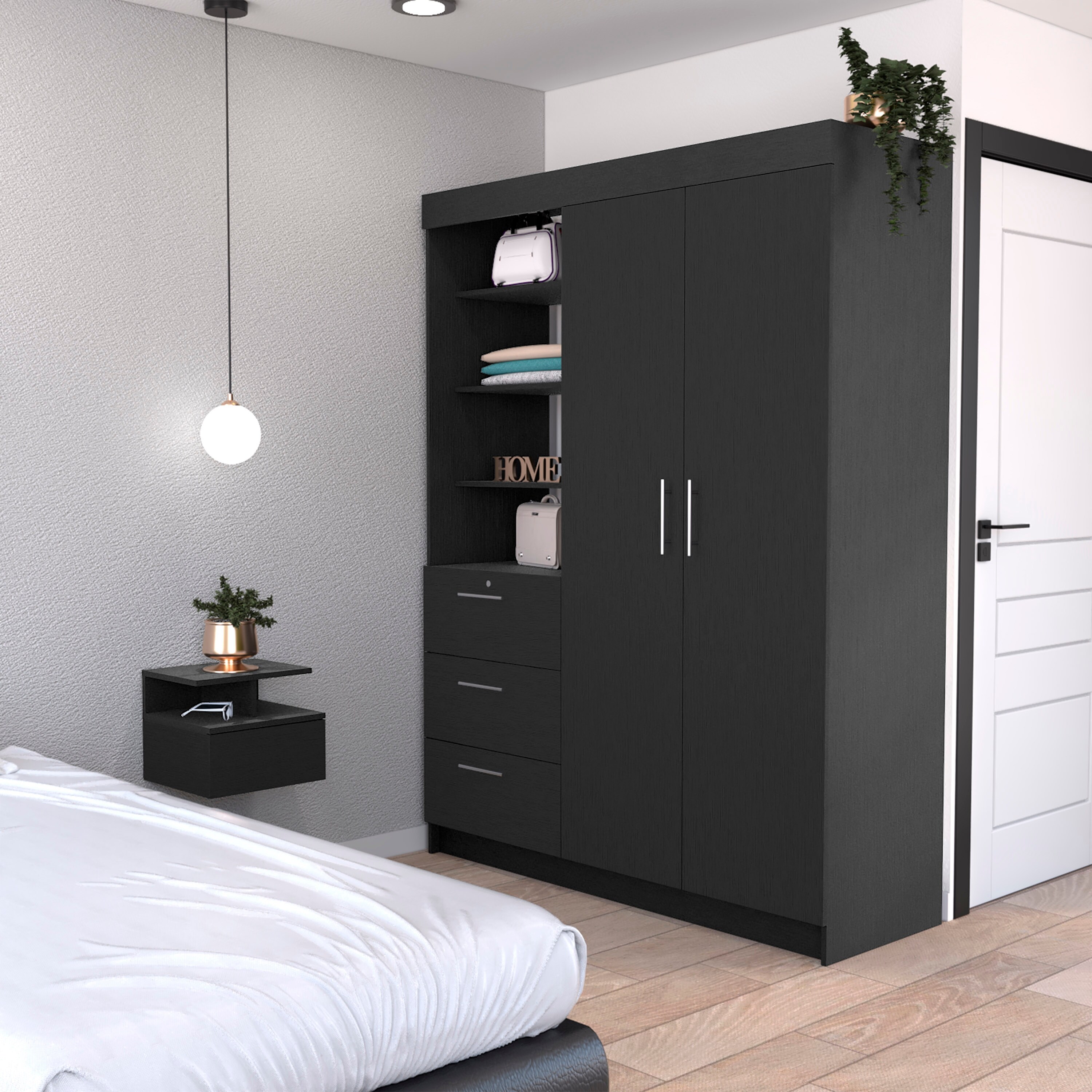 Bedroom 2 Piece Set with Drawers Nightstand and 2 Doors Armoire w Open Shelves and Drawers Black