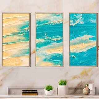 Designart "Blue and Yellow Ocean Beach Oil Paint " Glam Framed Art Set ...