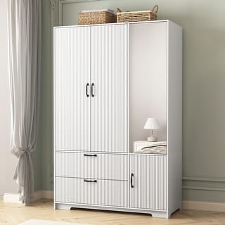 Four-Door Wardrobe Closet With Mirror, LED Lights, Two Drawers, Hanging ...