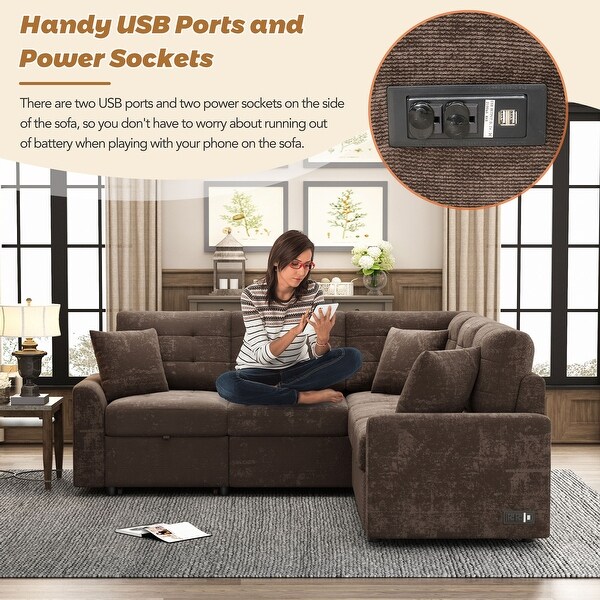L Shape Brown Sectional Sleeper Sofa with Pull out Sofa Bed USB Bed Bath Beyond 39699339