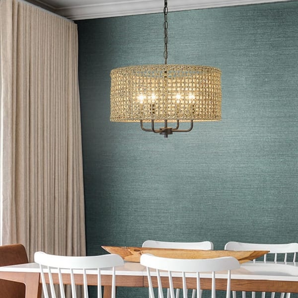 4-Light Bohemian Hand Woven Drum Chandelier - W20" x H75.6" - Black ...