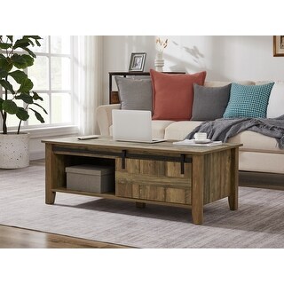 Oak Wood Coffee Table Sliding Door End Table with Open Storage Shelf ...