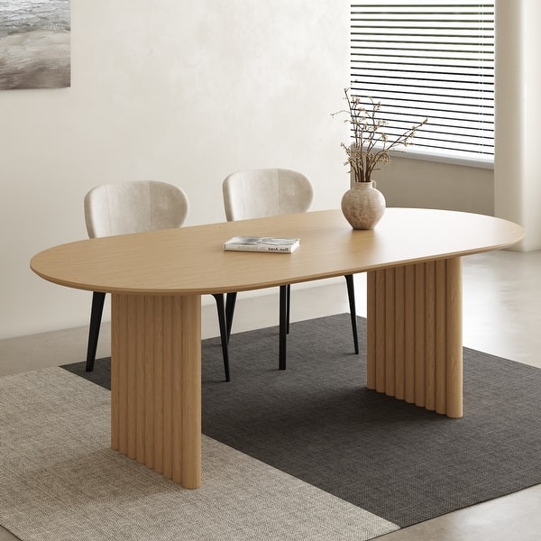 Solid Wood Oval Dining Table with Striped Pedestals for 6-8 People - Bed Bath & Beyond - 42410163