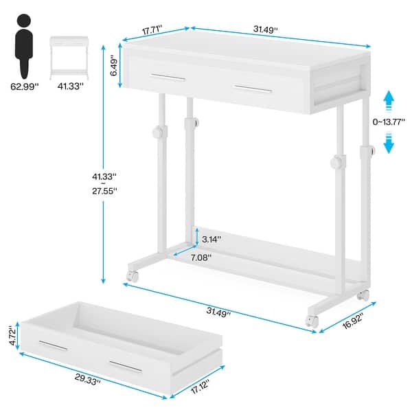 Adjustable Side Table Portable Desk with Drawers and Wheels for Home ...