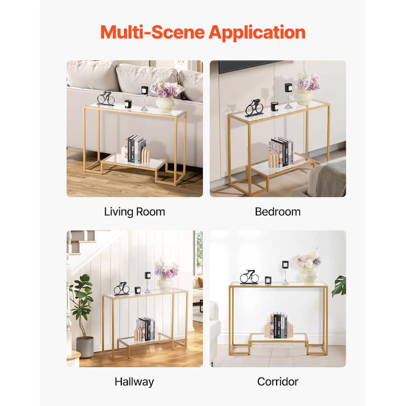 2-Tier Modern Rectangle Console Table with Tempered Glass Top, Iron ...