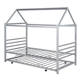 Twin Size Openwork Tubular Metal House Platform Bed Frame with Trundle ...