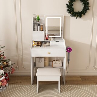 White MDF Dressing Table with 3-Color LED Vanity Mirror and Stool - Bed ...