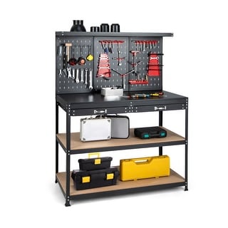 48 Inch Workbench with Pegboard and Drawers-Black - 48" x 24" x 61" (L ...