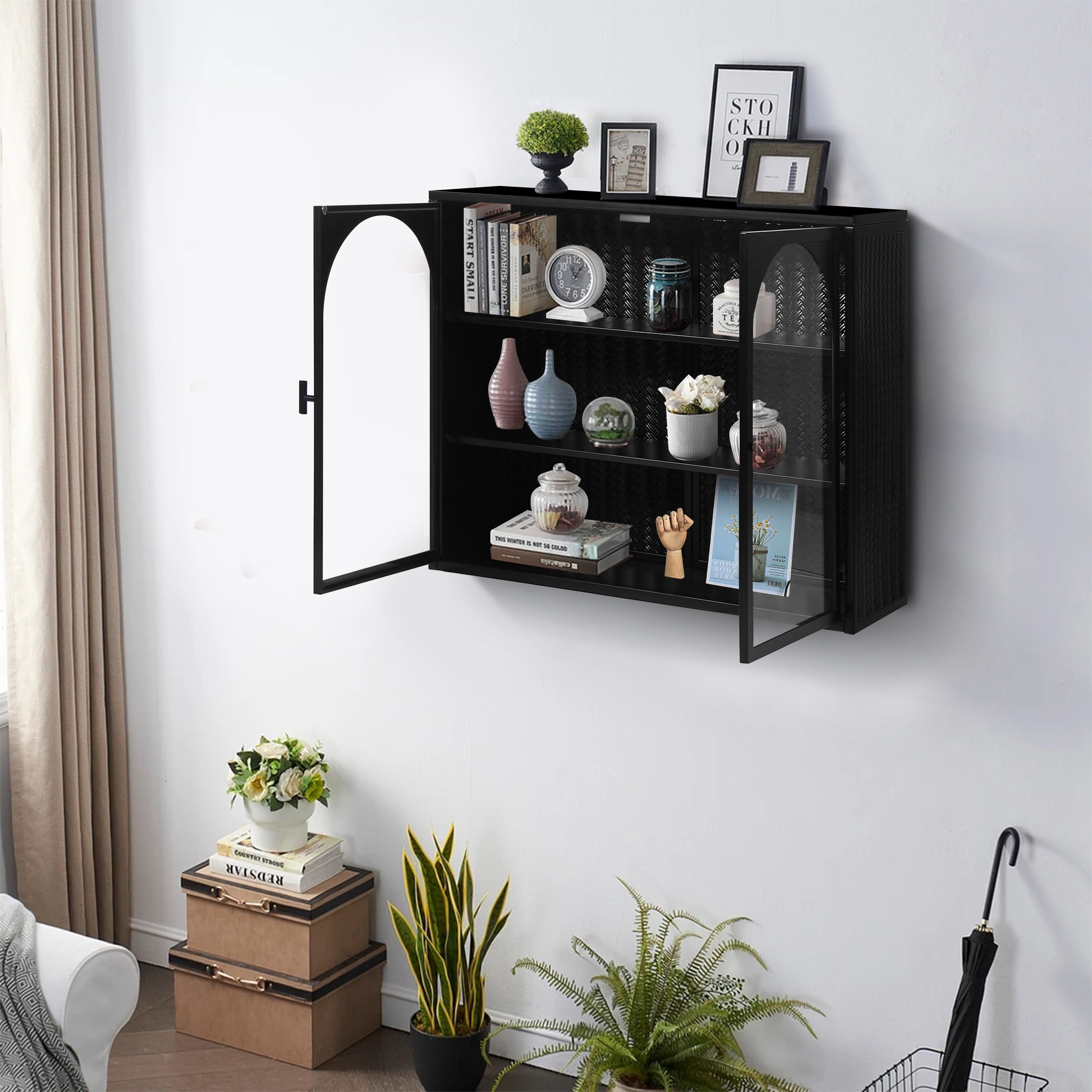 Black wall cabinet with glass doors store
