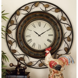 Brown Metal Medallion Leaf Decorative Wall Clock with Scrolled Vines ...