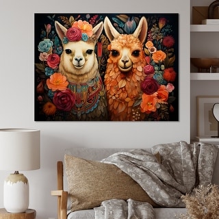 Designart "Orange Fluffy Llamas Floral Portrait" Llama Wall Décor ...