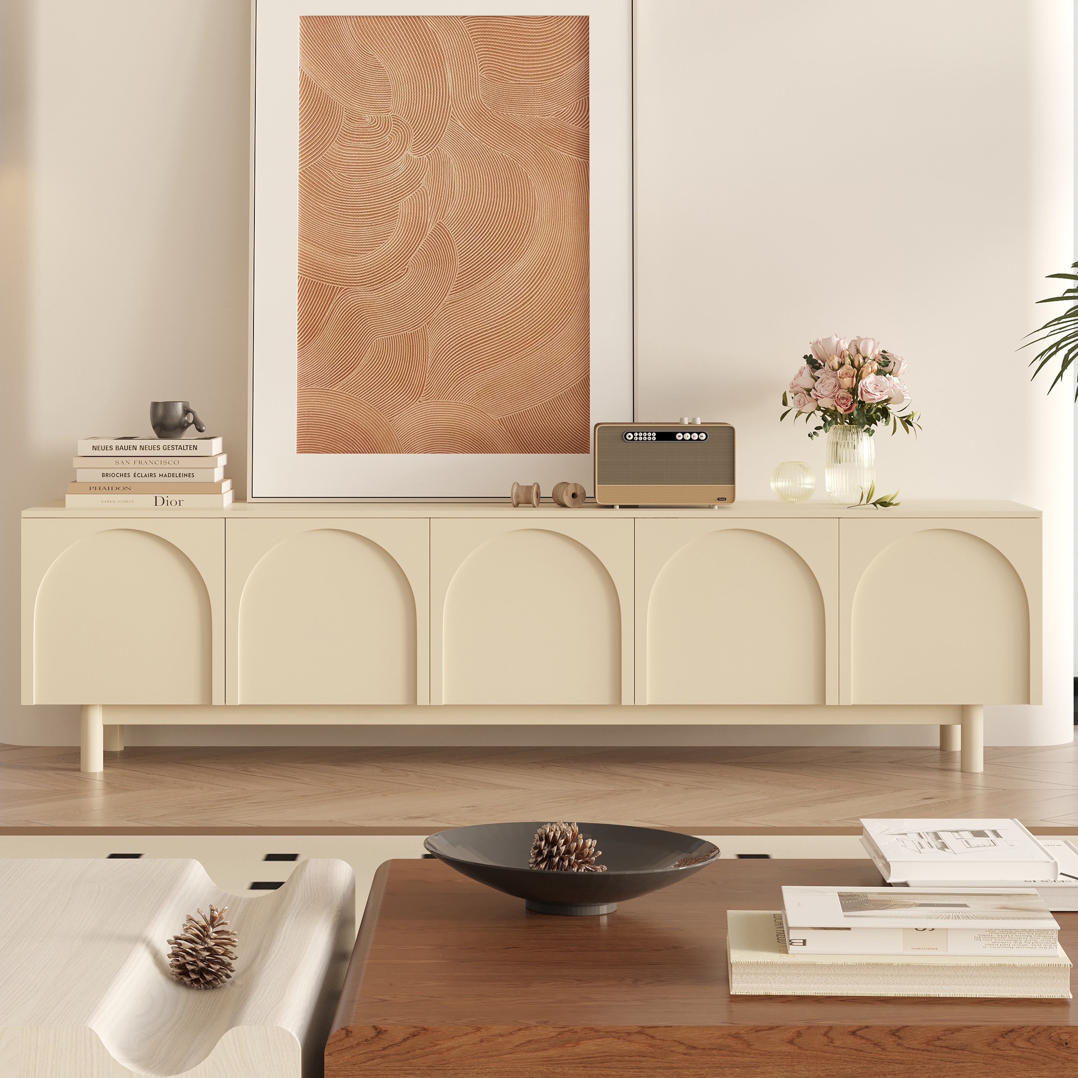 79-inch Cream TV Stands for Living Room with 5 Doors - 79' x 16' - On ...