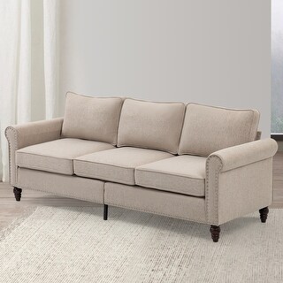 Linen Upholstered Sofa 3 Seat Tufted Back Couch w/ Nailheads Arms - Bed ...
