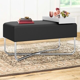 Pouffe with Rectangular Fabric Seat and Inbuilt Wooden Tray, Black and ...