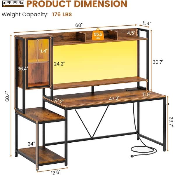 Gaming Desk LED Lights Hutch and Storage Shelves Glass Display Cabinet ...