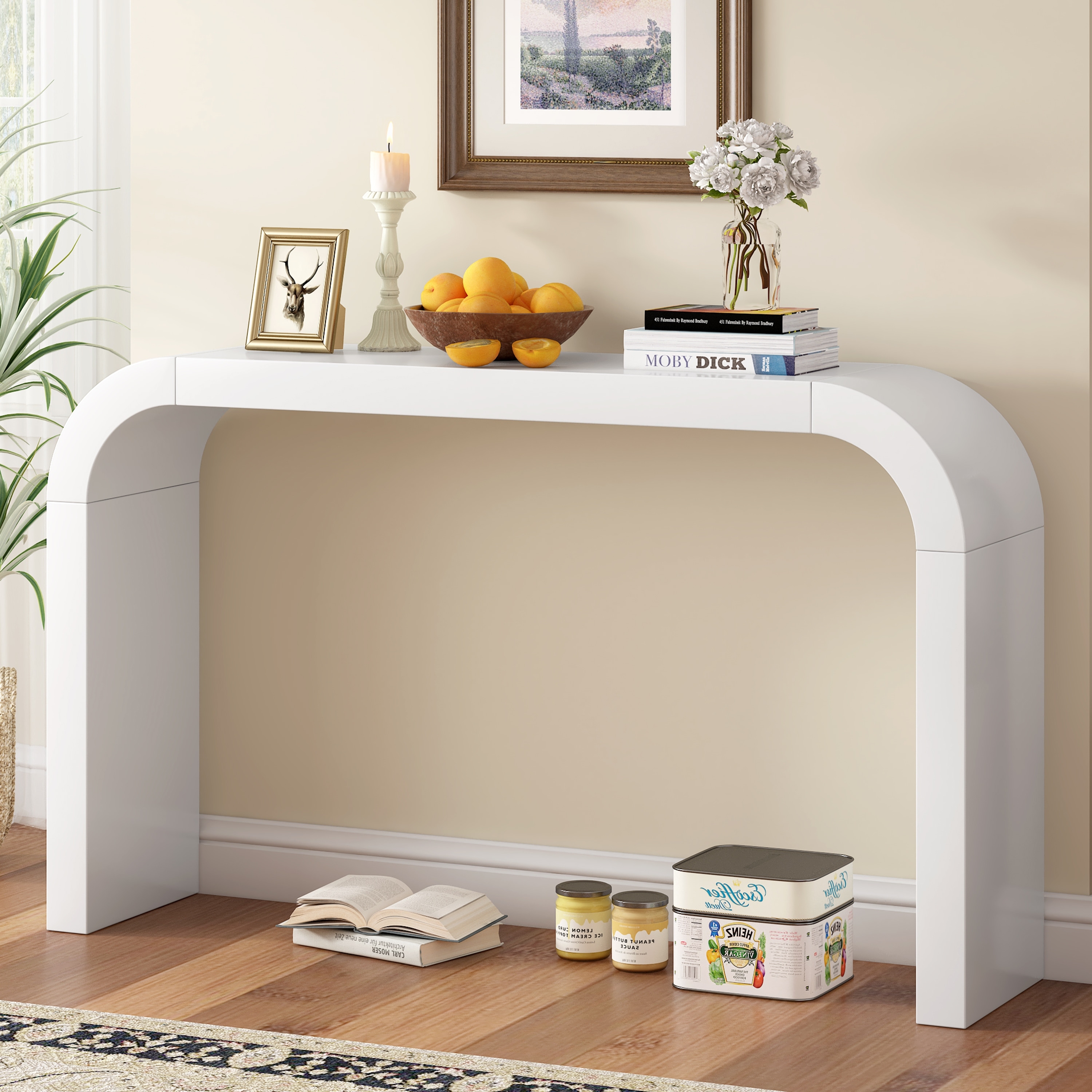 Rounded Corner Design Console Table Side Table Modern Curved Sofa Side Table Narrow Accent Table for Living Room Hallway White