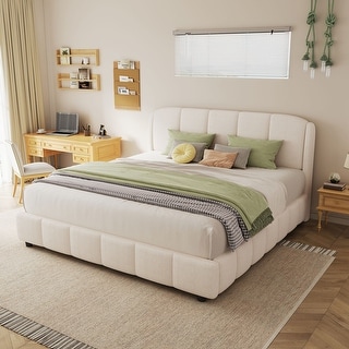 Boucle Fabric Upholstered Bed Frame with Curveshaped Thick Headboard ...