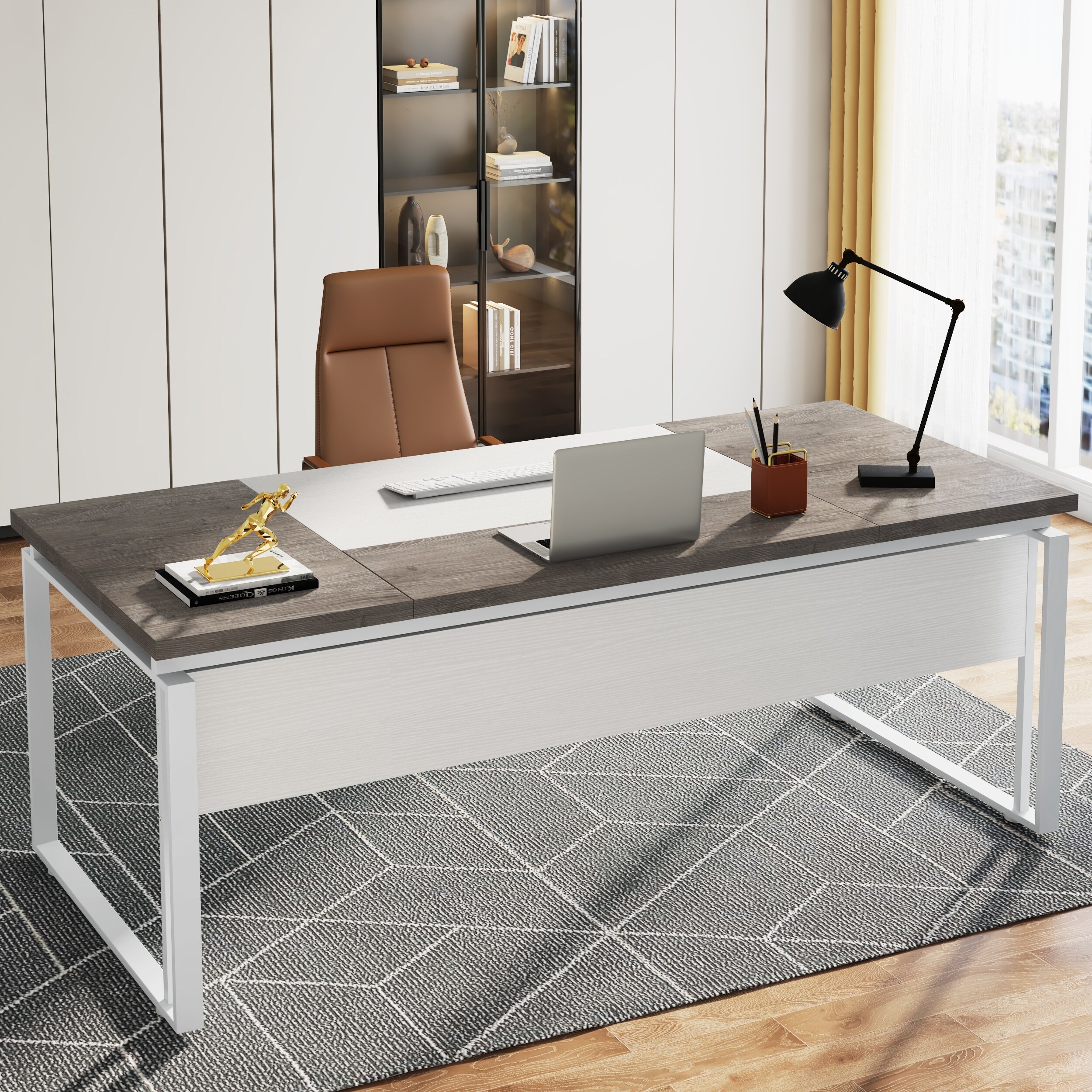 63" Modern Executive Computer Desk with Oak and White Finish, 5FT Home ...