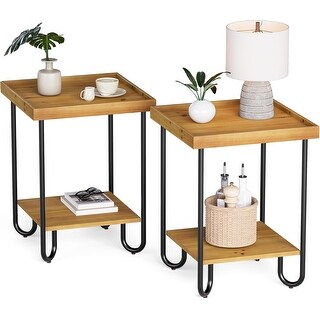 Set of 2 Solid Wood Square End Tables with 2-Tier Storage Shelf for ...
