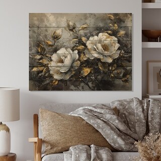 Designart "White Romantic Roses" Floral Rose Print on Natural Pine Wood ...