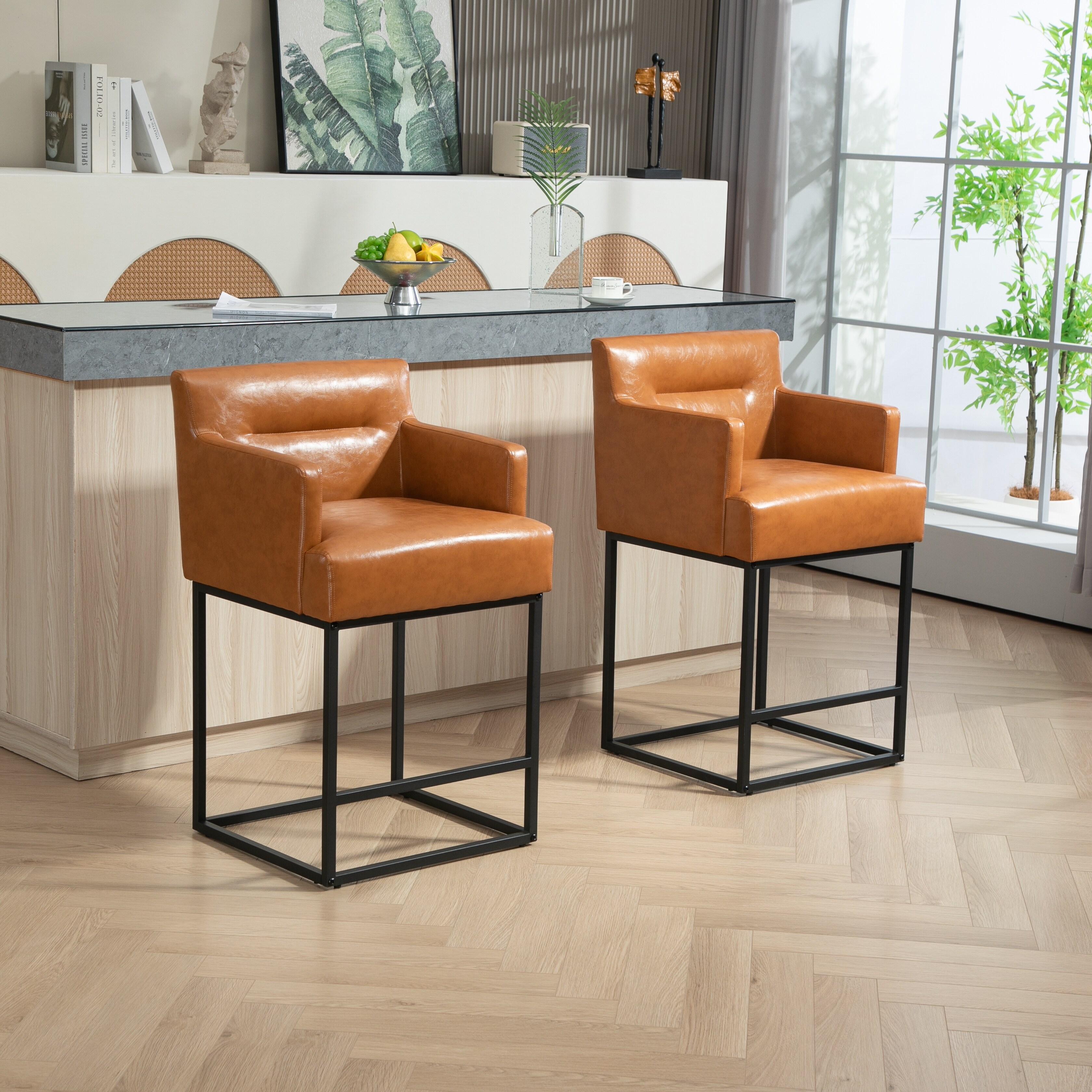 Kitchen Island Bar Stools Set of 2 Light Brown Leather Upholstered Home Lounge Chair Armchair for Dining Room Seating Area Bed Bath Beyond 42132440